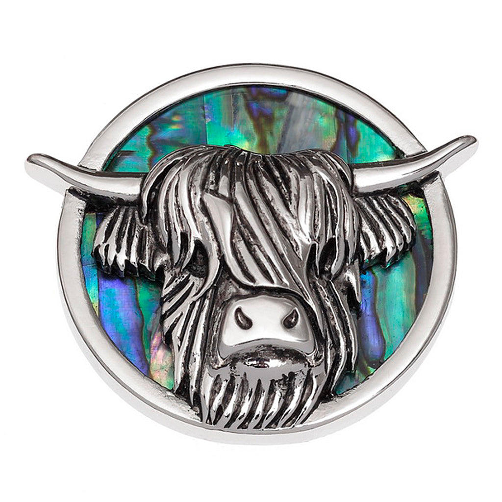 Highland Cow Brooch | Rhodium-Plated Scottish Cow Brooch with Paua ...